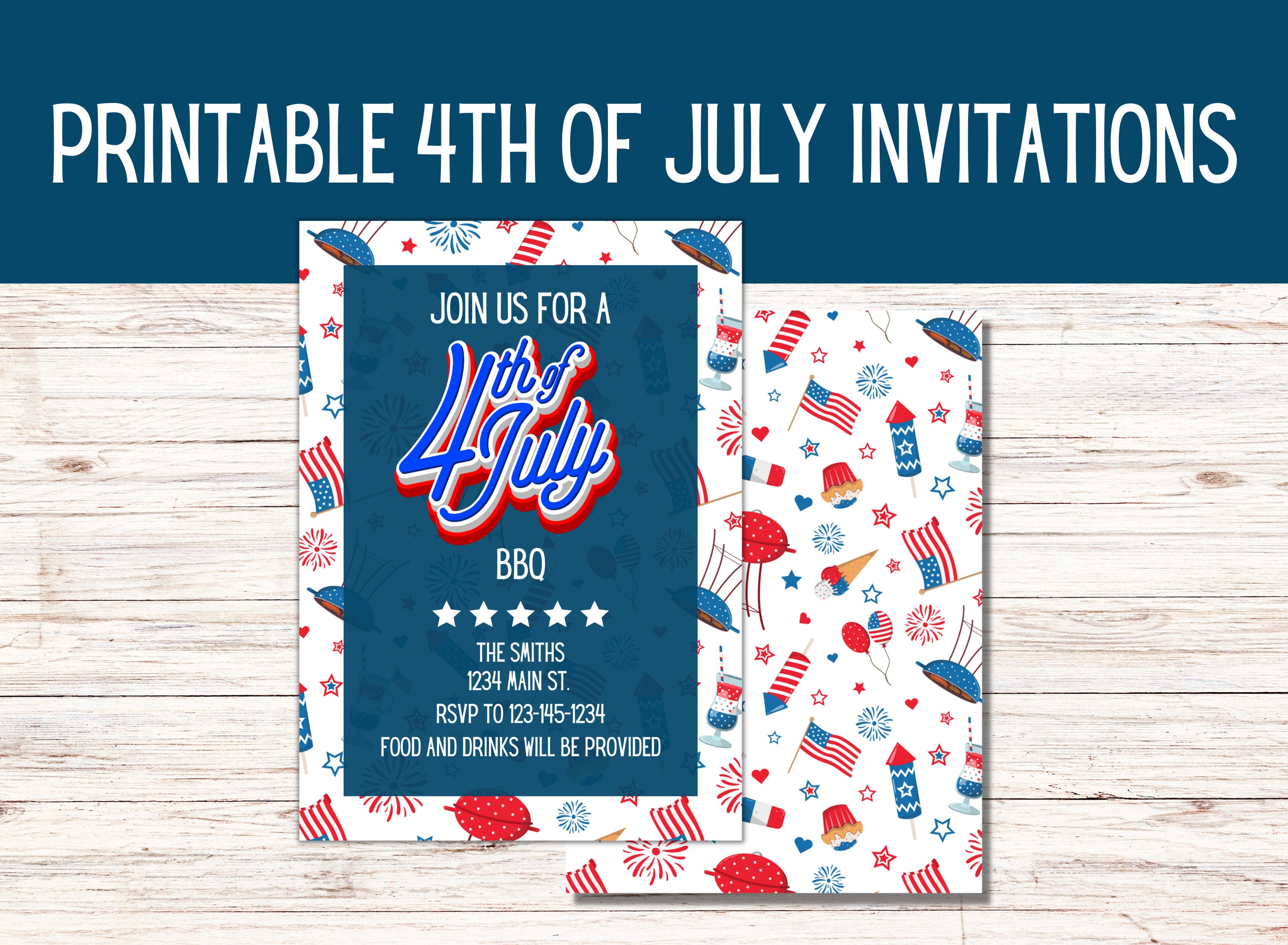 4th of July Party Printable Invitations, 4th of July BBQ Invitations ...