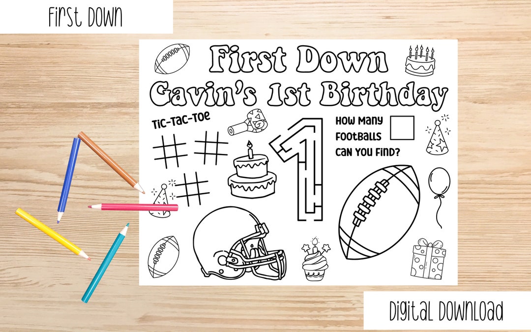 Custom First Year Down Birthday Coloring Page | Printable Football ...