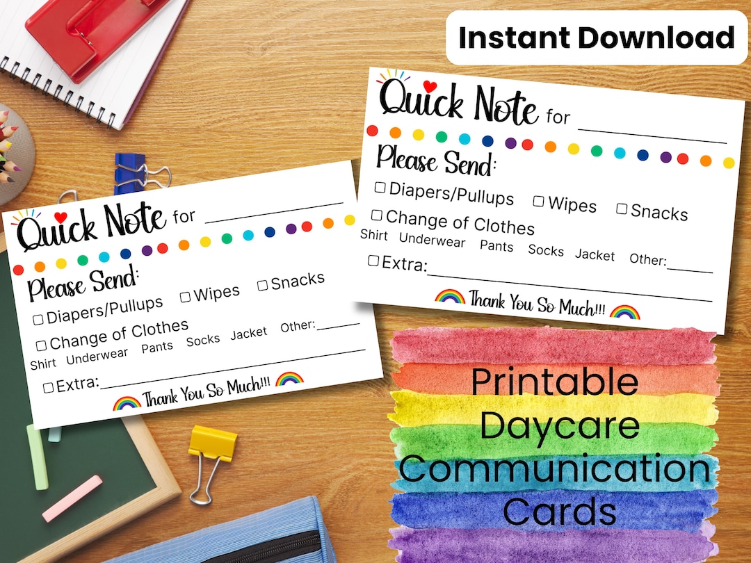 Daycare Quick Note to Parents - Printable Daycare Communication Card ...