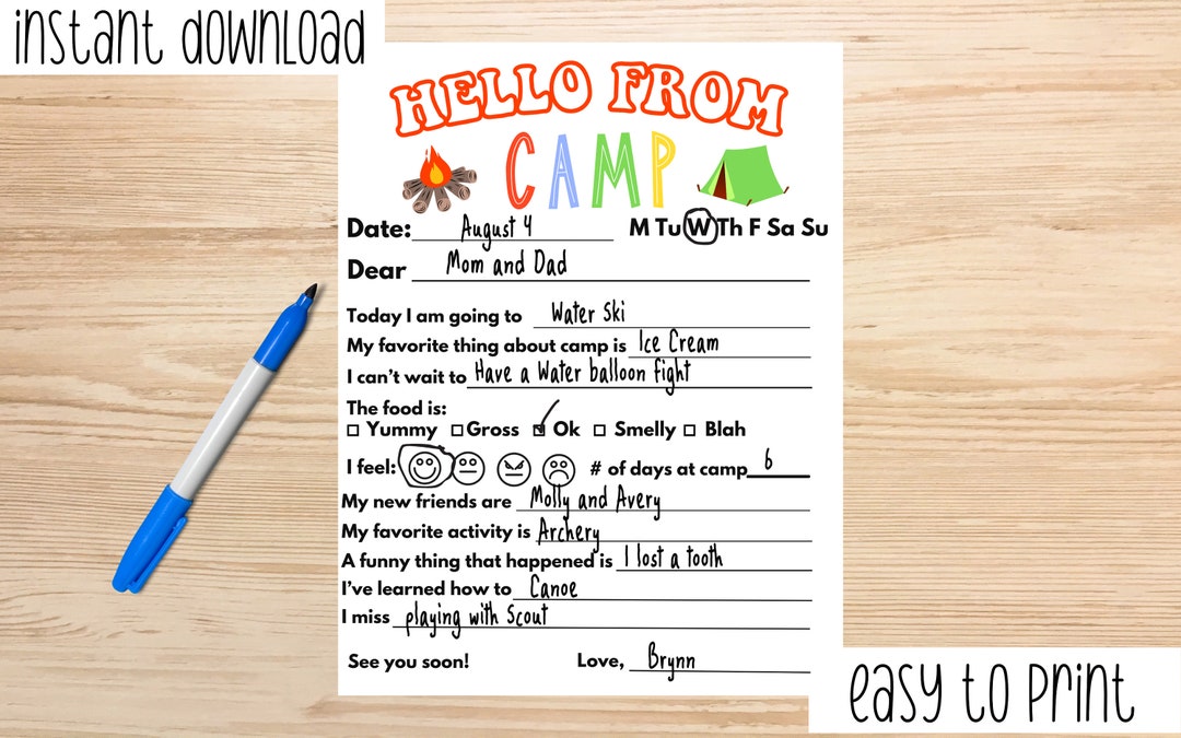 Printable Summer Camp Letter, Printable Letter From Camp, Summer Camp ...