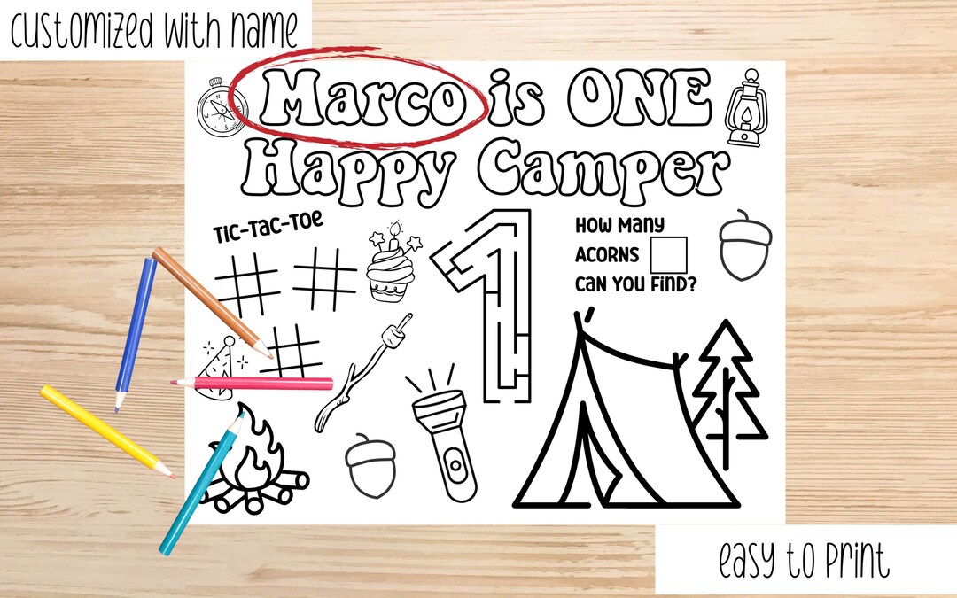 ONE Happy Camper Birthday Coloring Sheet- Personalized First Birthday ...