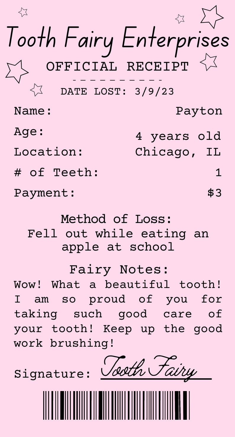 Editable Tooth Fairy Receipt Printable Tooth Fairy Receipt - Etsy
