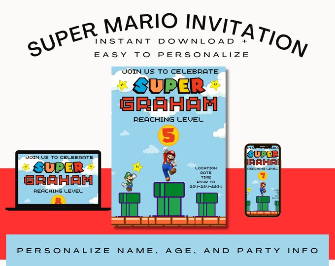 Editable Super Mario Birthday Invitation, Super Brothers Boy Invite ...