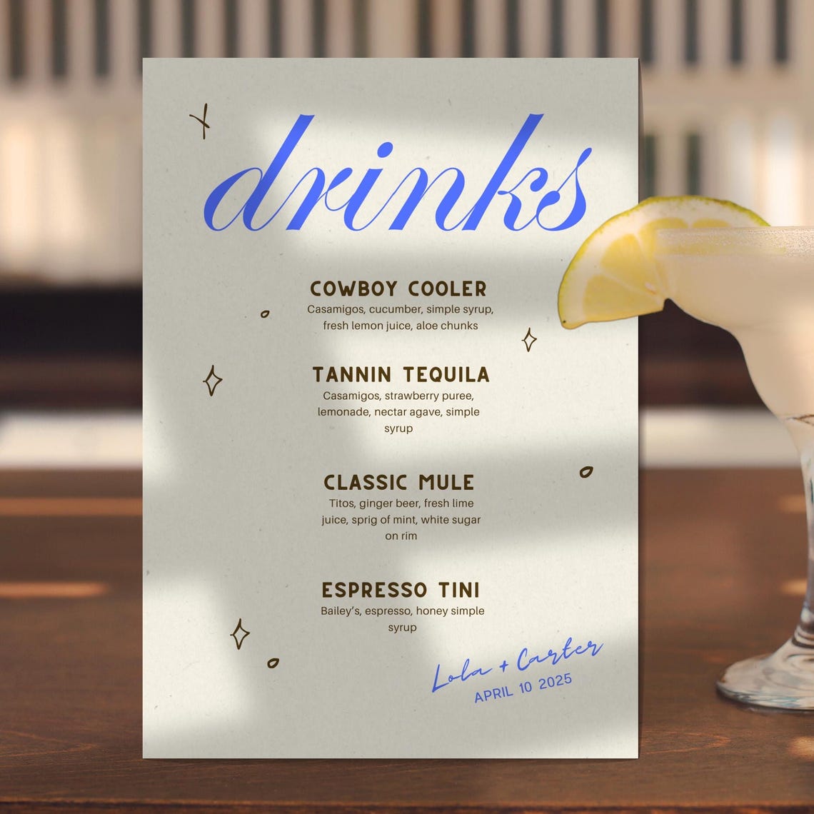 Simple Modern Minimalist Cocktail Menu | Cursive Blue and White Bar ...