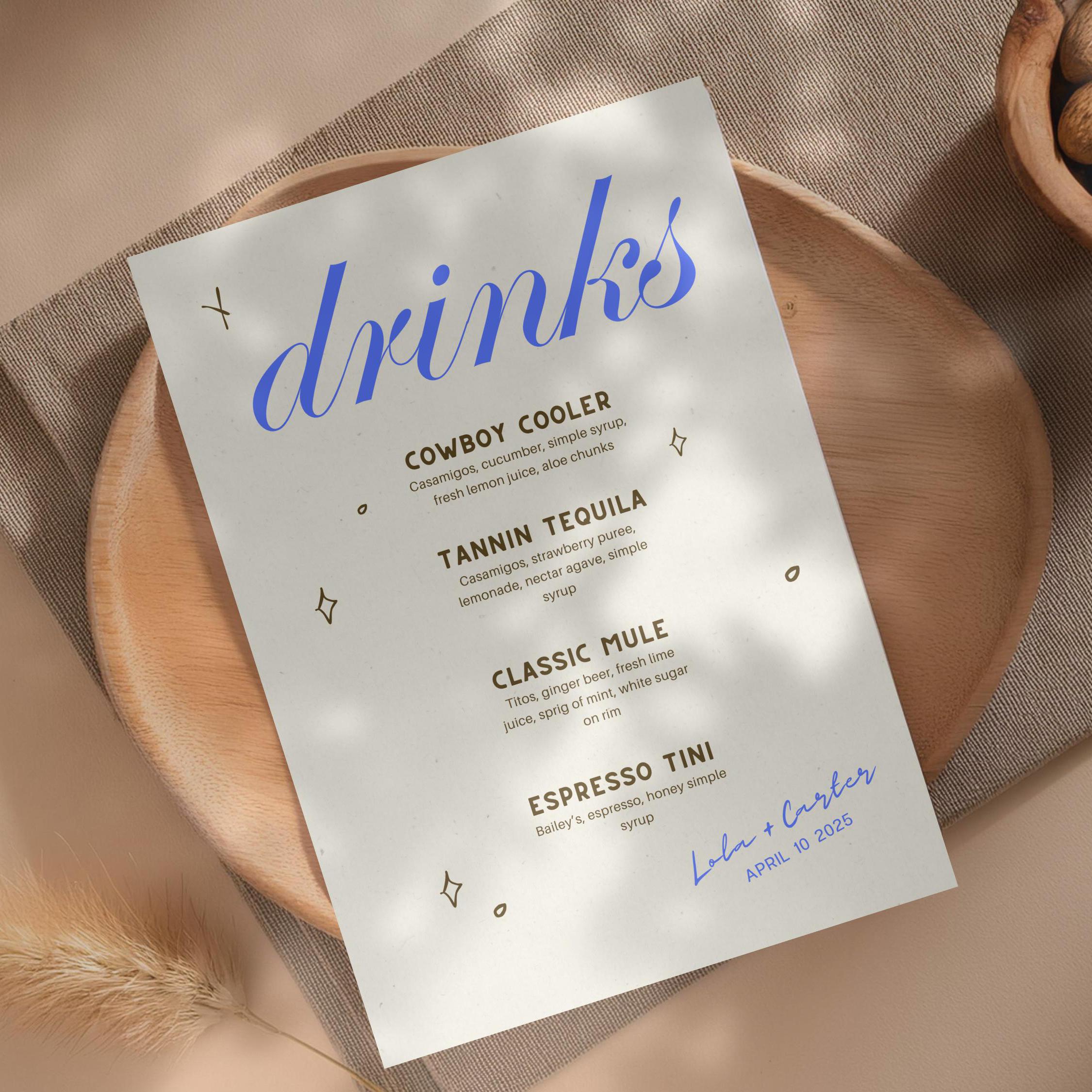 Simple Modern Minimalist Cocktail Menu | Cursive Blue and White Bar ...