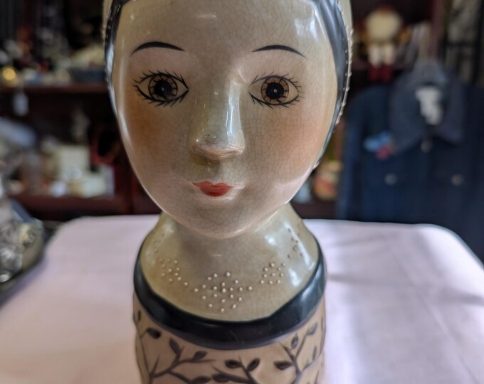 Vintage Ceramic Lady Head Vase, Leaf Design, Raised Stippling, Folk Art ...
