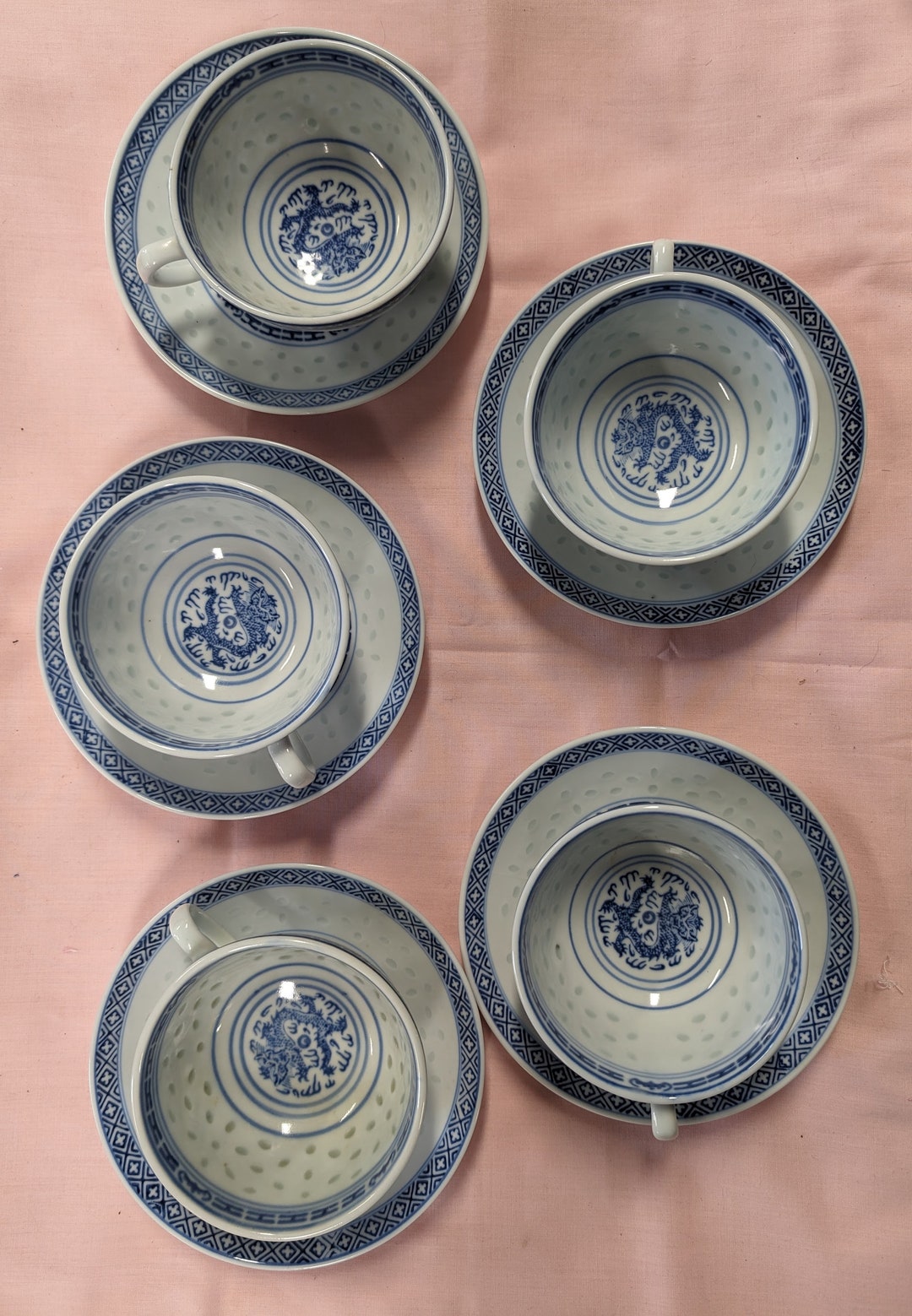 Rice Grain Porcelain Chinese Tea Cup and Saucer Set, Vintage, Dragon ...