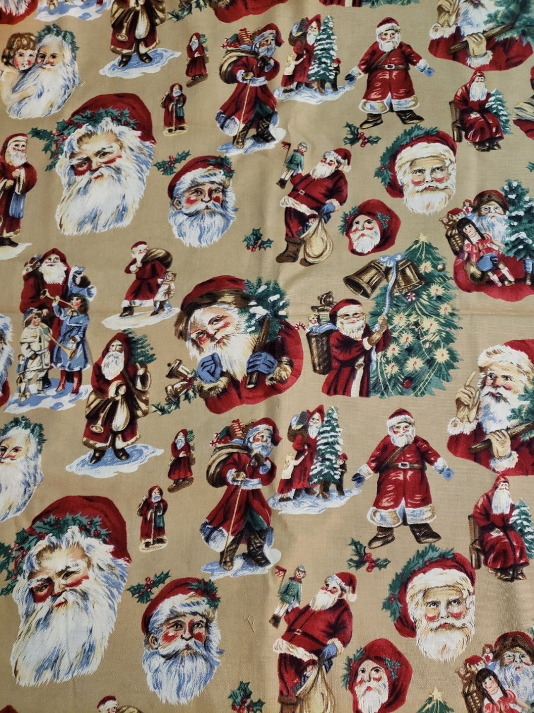 Santa Fabric, Hollytex Screen Print, Christmas Fabric, Vintage Santa ...