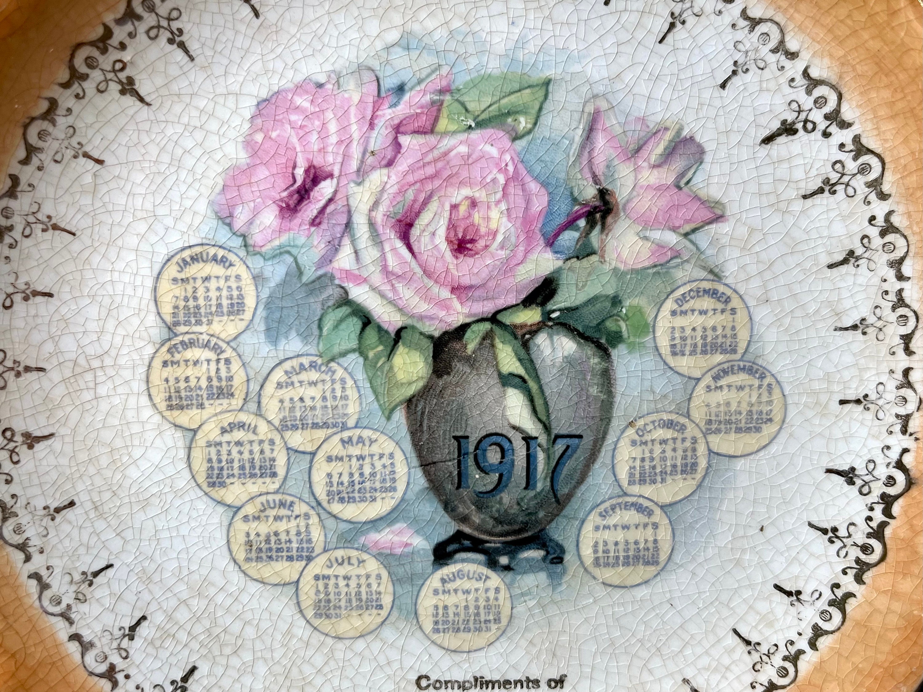 Antique 1917 Calendar Plate Floral and Gold Accents - Etsy