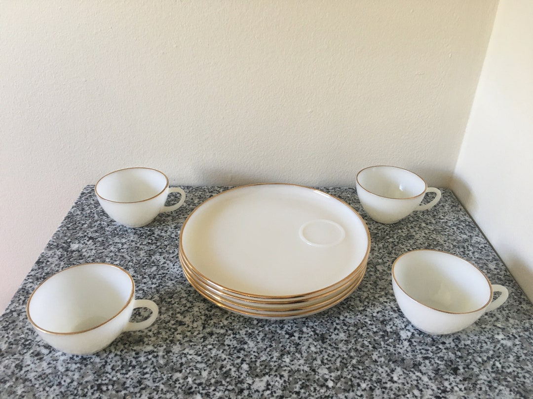Set of 4 Gold Edged Milk Glass Cup and Plate Snack Set - Etsy