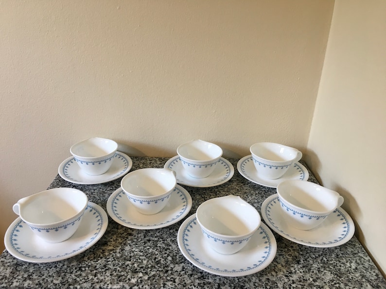 Corelle Snowflake Blue Pattern Flat Cup and Saucer six - Etsy