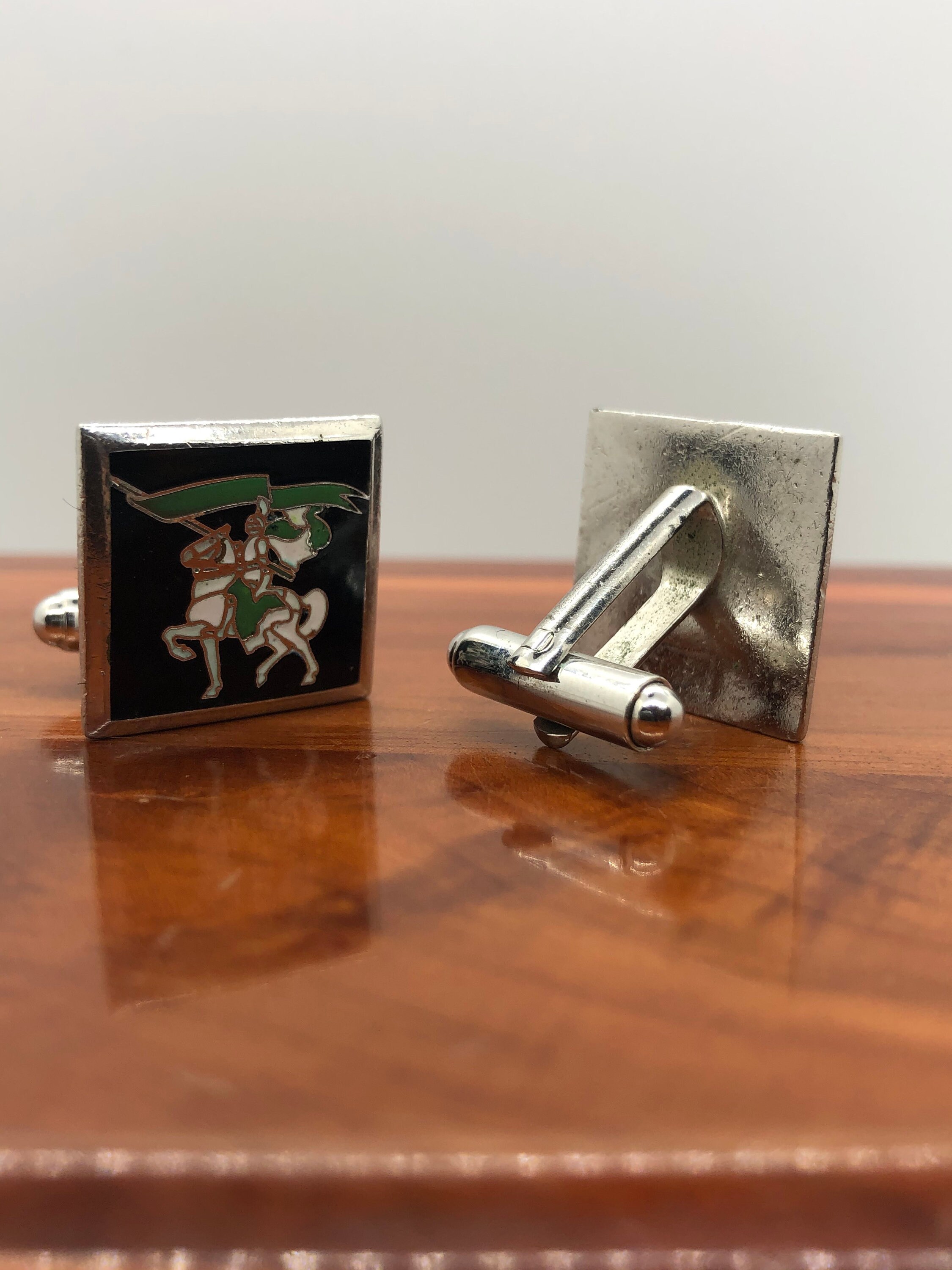 Vntg Cufflinks Knight on White Horse With Green Flag in Silver Tone - Etsy