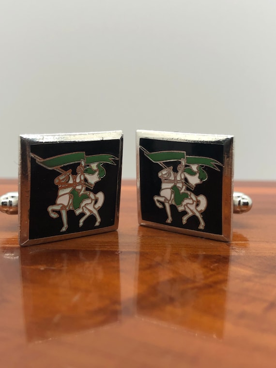Vntg Cufflinks Knight on White Horse With Green Flag in Silver | Etsy