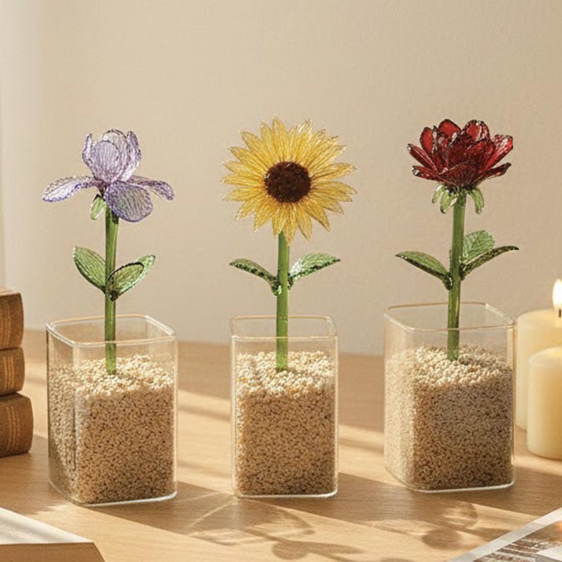 Eternal Light Glass Flower With Vase, Handcrafted Glass Sunflower Rose ...