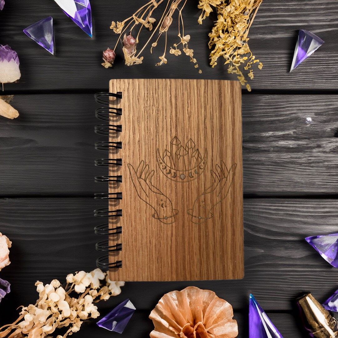 Lotus and Hands Wooden Notebook - Spiritual 6x4 Engraved Meditation ...