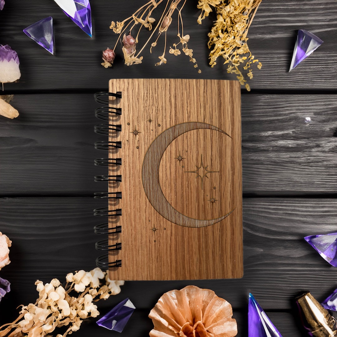 Crescent Moon Mystique Wooden Notebook - Celestial 6x4 Engraved Journal ...