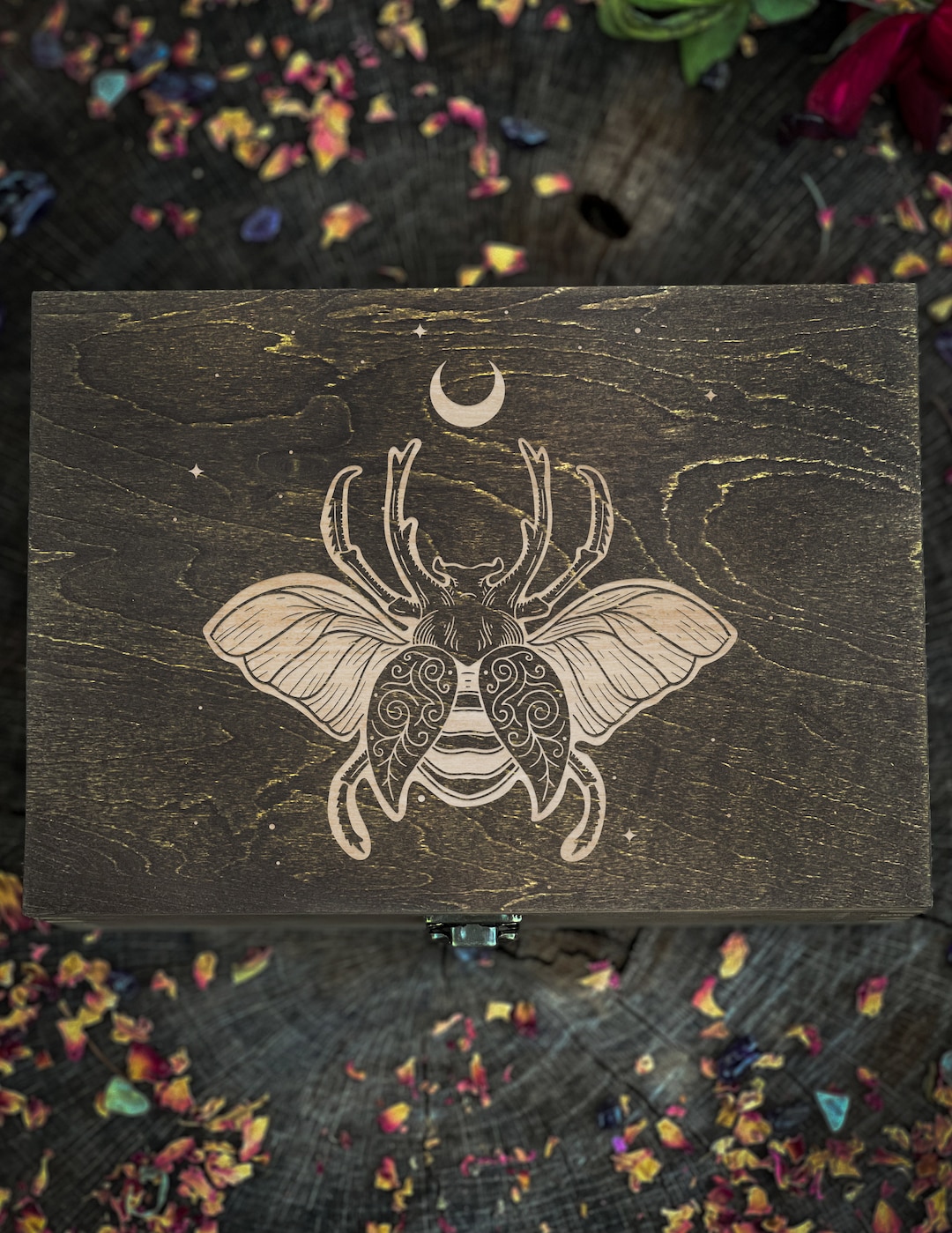Engraved Wooden Box: Gold Scarab Beetle & Crescent Moon, Boho Decor - Etsy