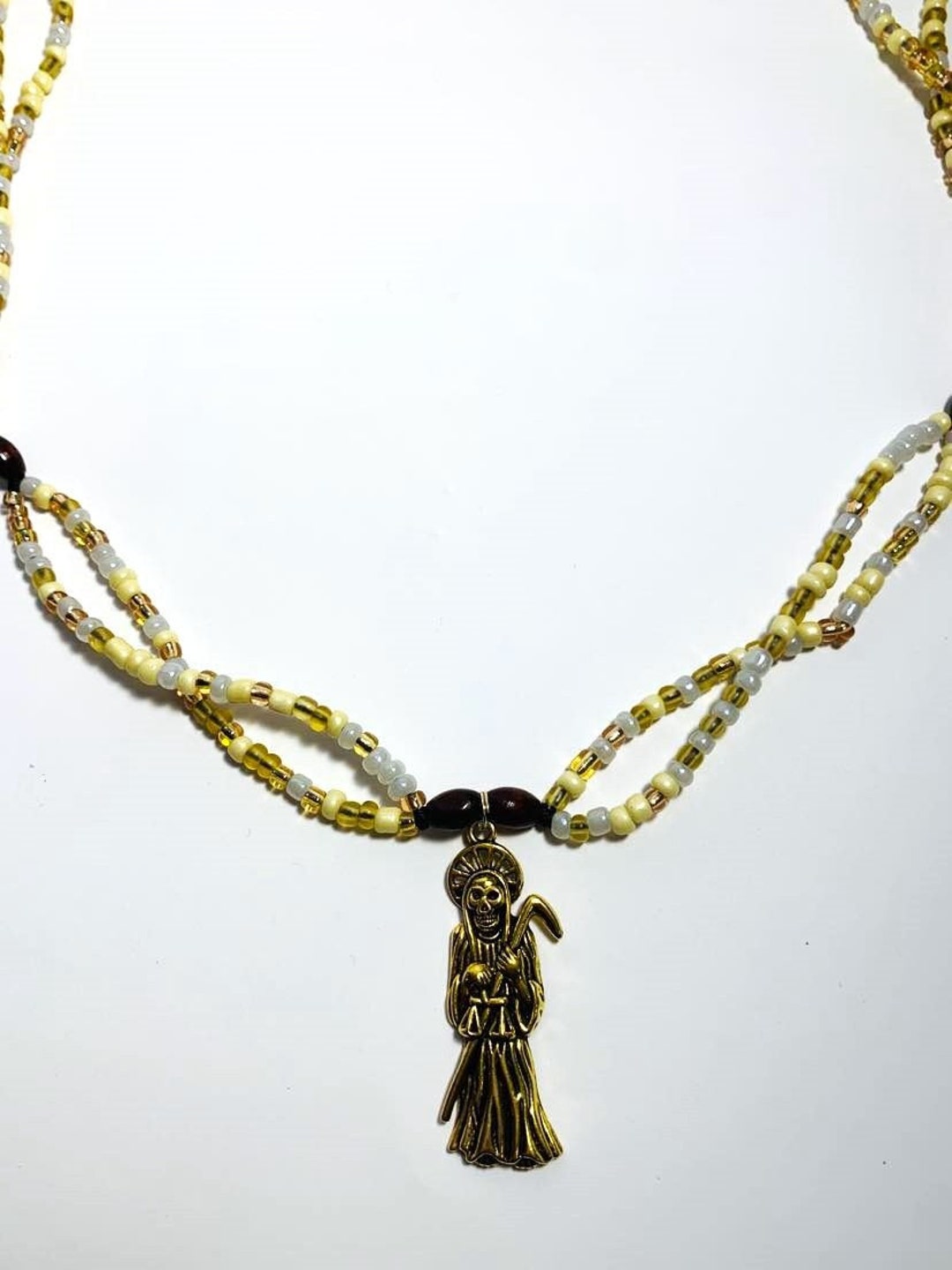 Blessed Golden Santa Muerte Mazo, Santa Muerte Necklace, Beaded Santa ...