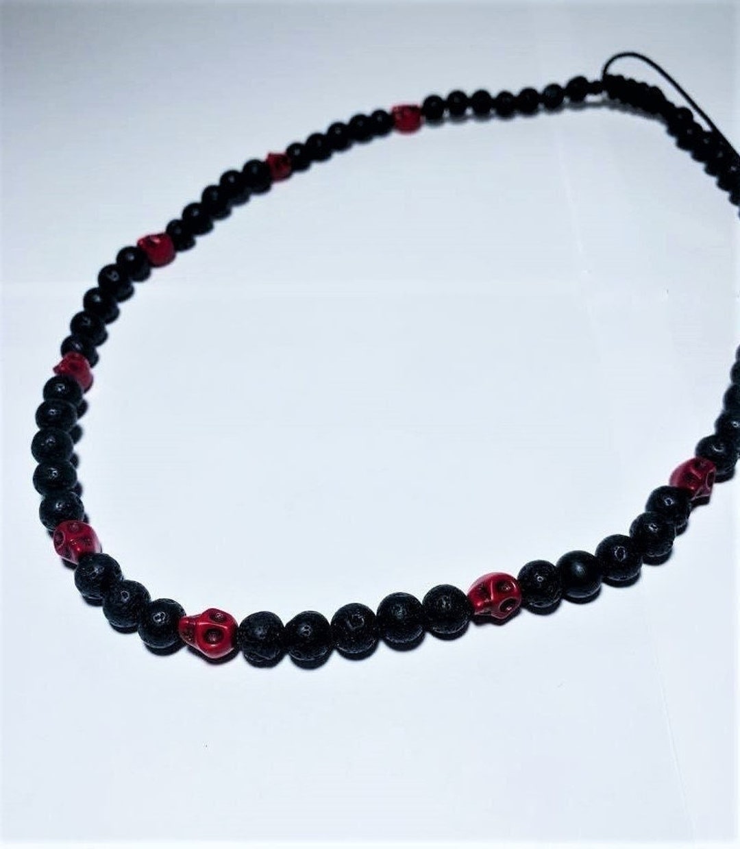 Santa Muerte Lava Stone Necklace, Beaded Holy Death Protection Jewelry ...