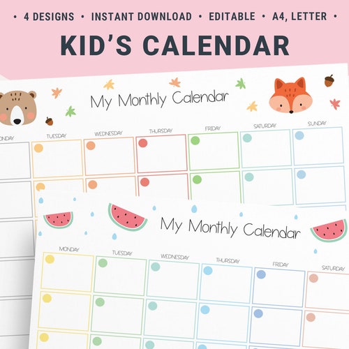 Editable Kids Calendar Printable Toddler Monthly Chart Kids | Etsy