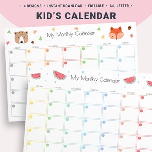 Editable Kids Calendar Printable Toddler Monthly Chart Kids | Etsy
