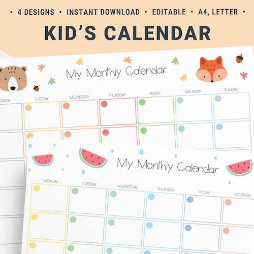 Editable Kids Calendar Printable Toddler Monthly Chart Kids - Etsy