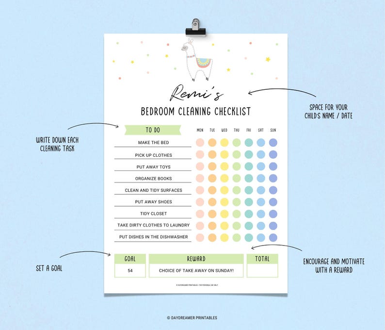 Kids Cleaning Checklist, Printable Kids Cleaning Chart, Bedroom Chores ...