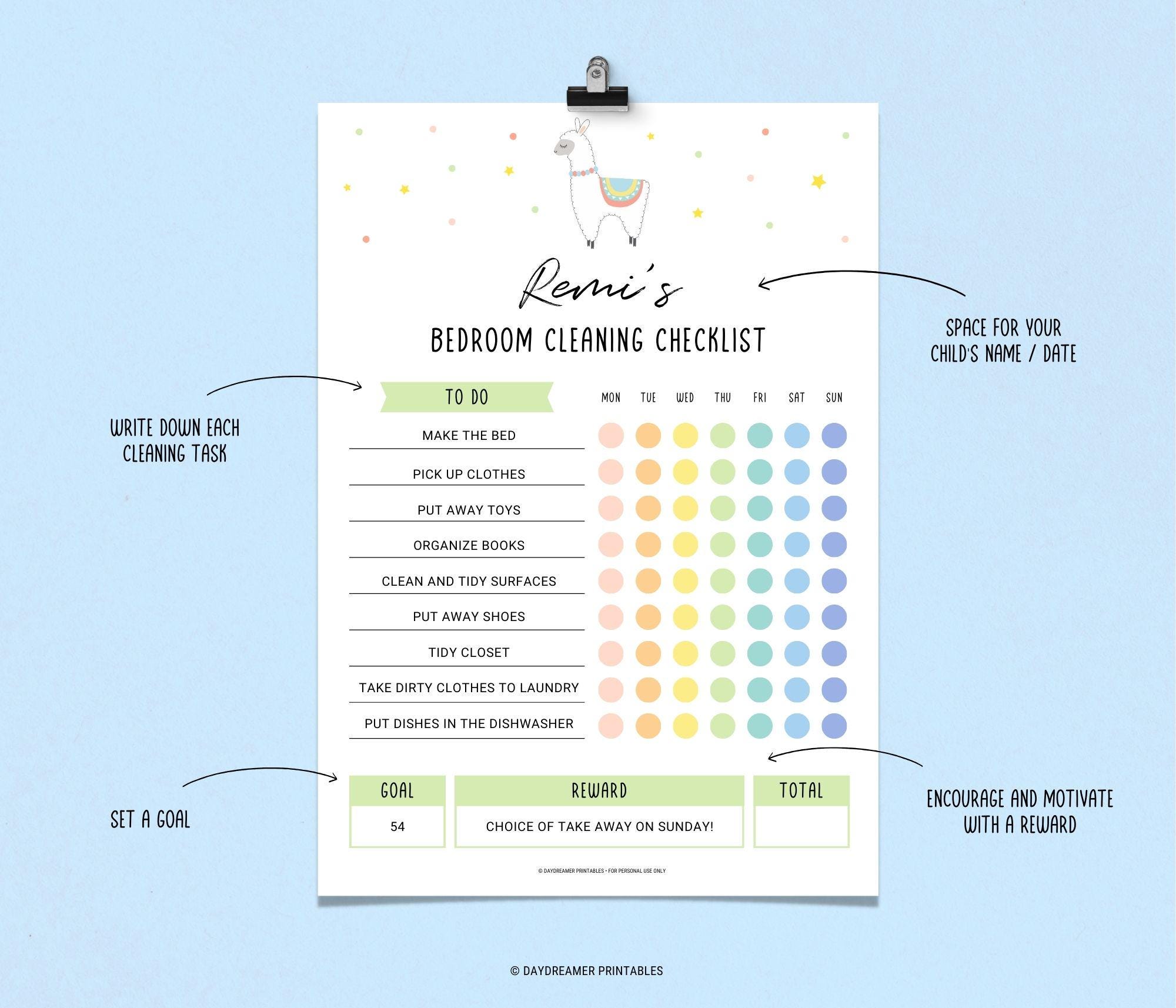 Kids Cleaning Checklist, Printable Kids Cleaning Chart, Bedroom Chores ...