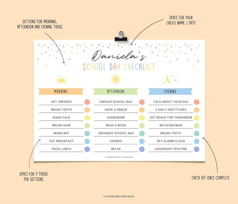 Kids School Day Checklist, Kids Ready for School Printable, Daily ...