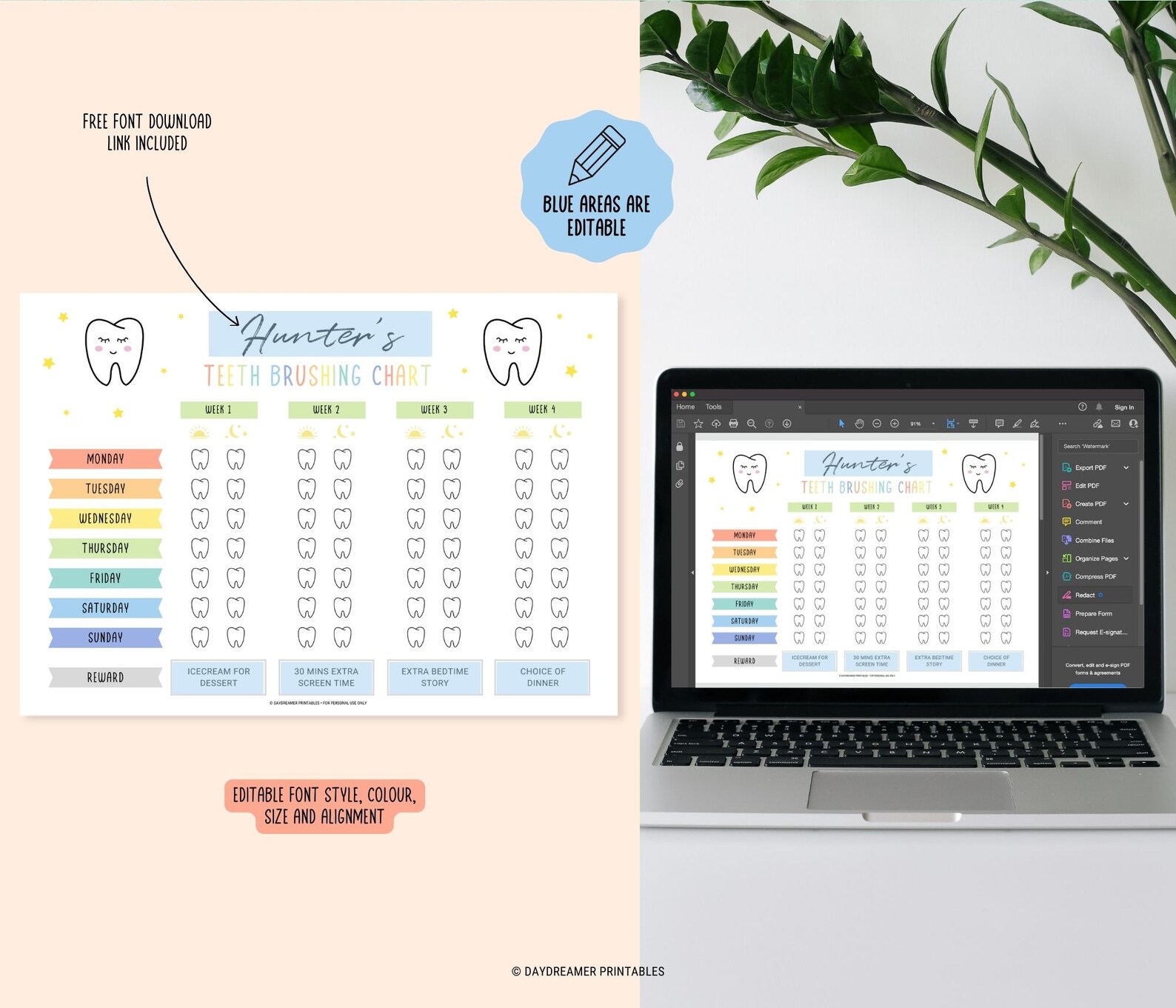 Kids Daily Teeth Brushing Visual Chart With Reward | Editable Monthly ...