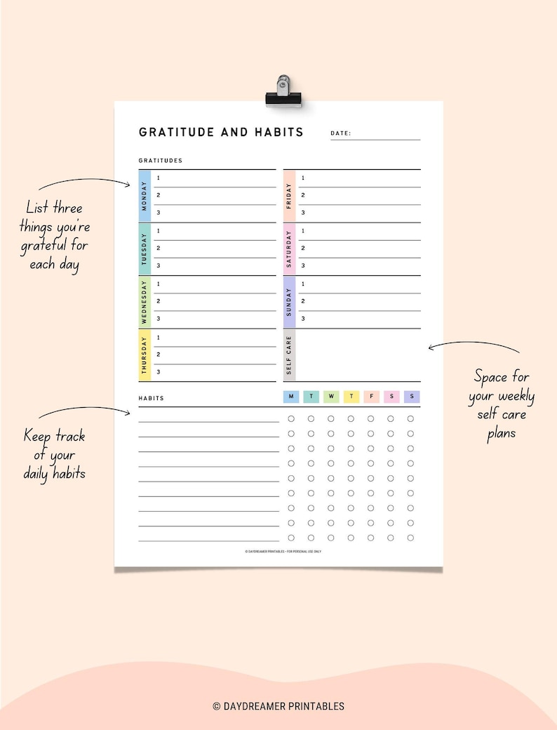 Weekly Gratitude Journal Printable, Habit Tracker for Morning and ...