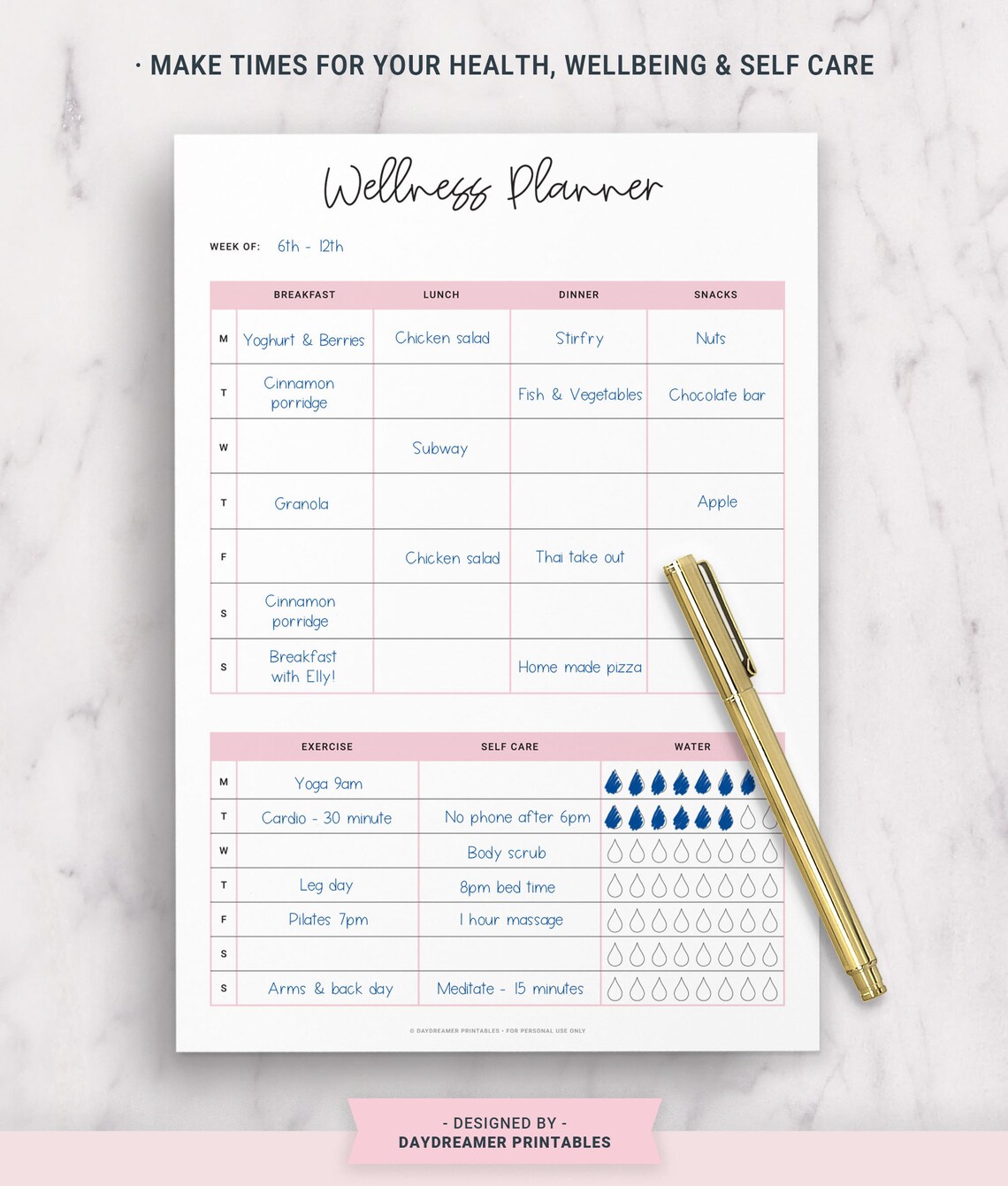 Self Care Printable Planner, Self Care Chart, Weekly Wellness Planner ...