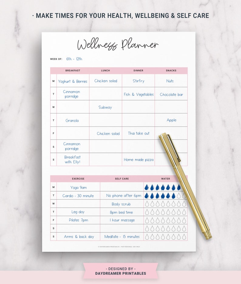 Self Care Printable Planner, Self Care Chart, Weekly Wellness Planner, Health and Wellbeing ...