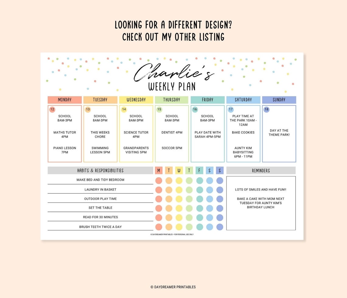 Kids Weekly Planner Printable, Childrens Activity Schedule Template ...