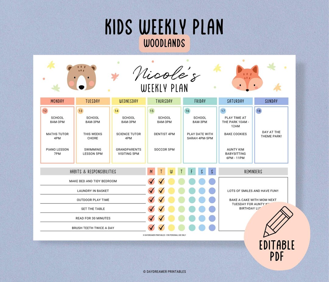 Kids Weekly Planner Printable, Childrens Activity Schedule Template ...