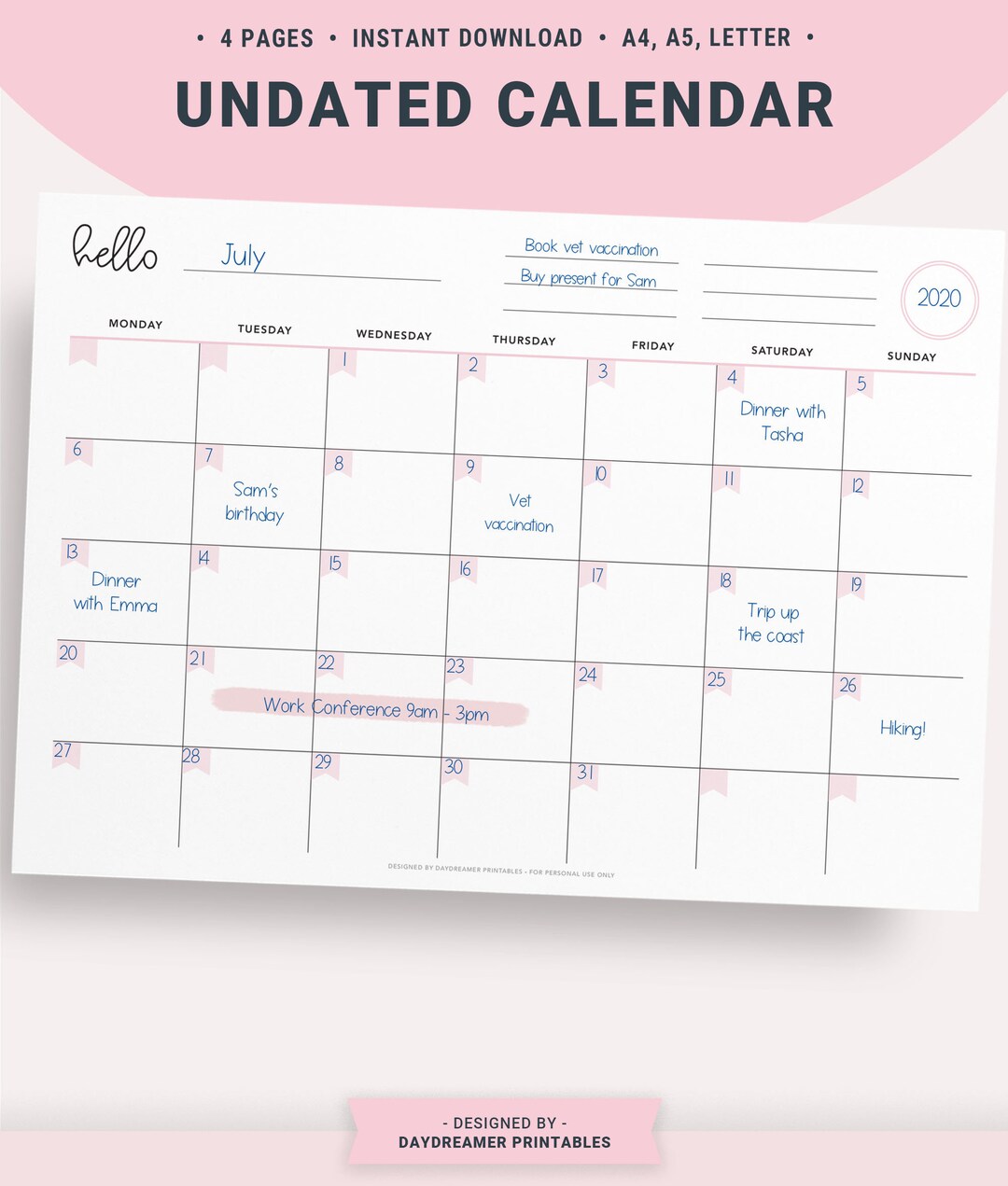 Printable Calendar, Undated Desk Calendar, Wall Calendar Printable ...