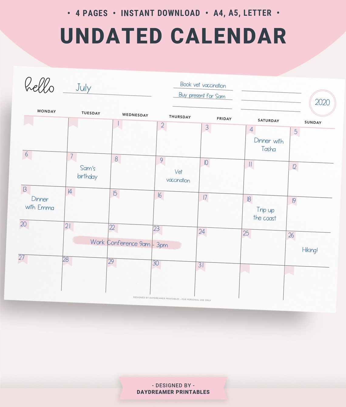 Printable Calendar, Undated Desk Calendar, Wall Calendar Printable ...
