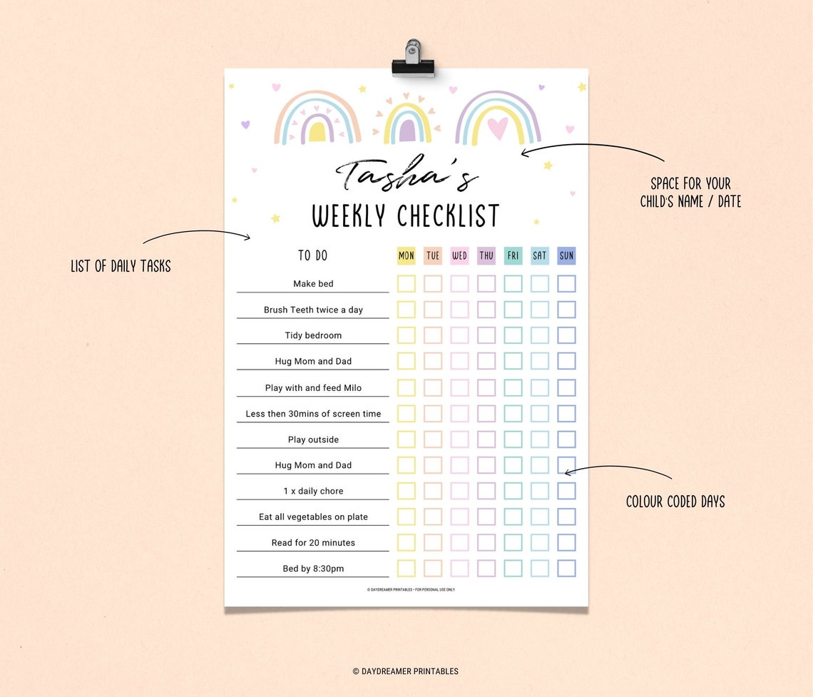 Editable Kids Weekly Routine Checklist, Behavior Chart for Kids, School ...