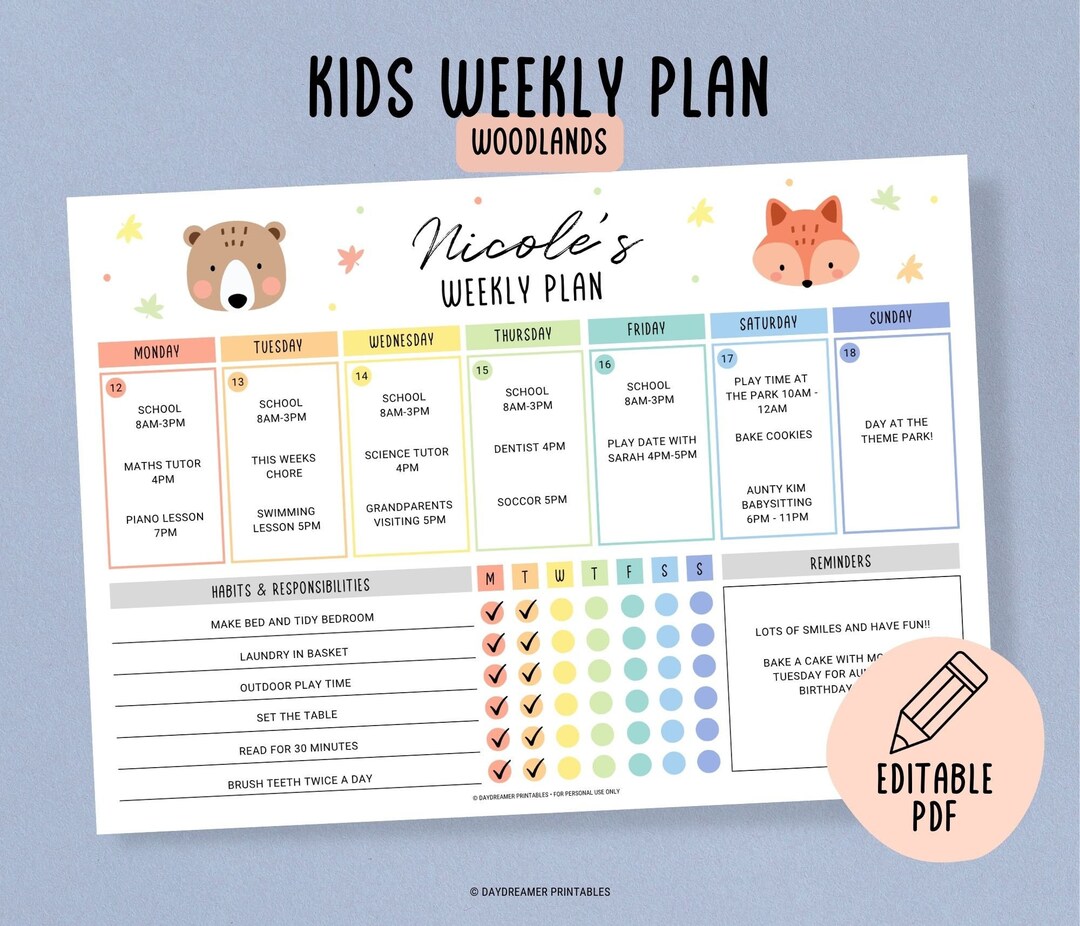 Kids Weekly Planner Printable Childrens Activity Schedule - Etsy