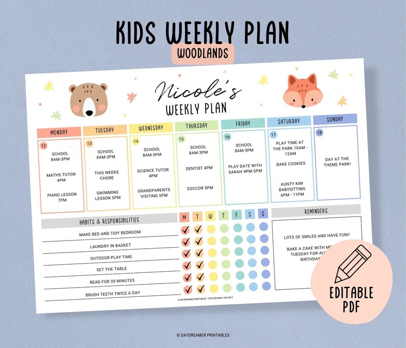 Kids Weekly Planner Printable Childrens Activity Schedule - Etsy