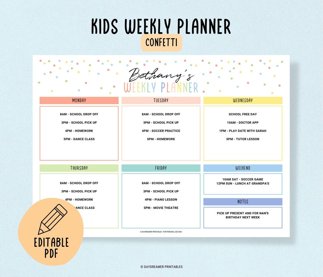 Editable Kids Weekly Calendar Template, Printable Kids Weekly School ...