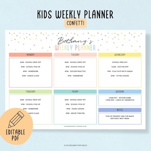 Editable Kids Weekly Calendar Template, Printable Kids Weekly School ...