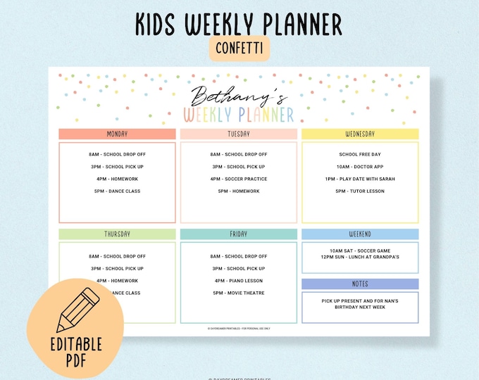 Editable Kids Weekly Planner Schedule Chart, Kids Daily Schedule ...