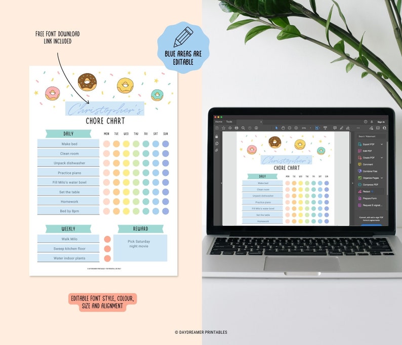 Printable Kids Chore Chart With Reward System, Editable Chore Chart for ...