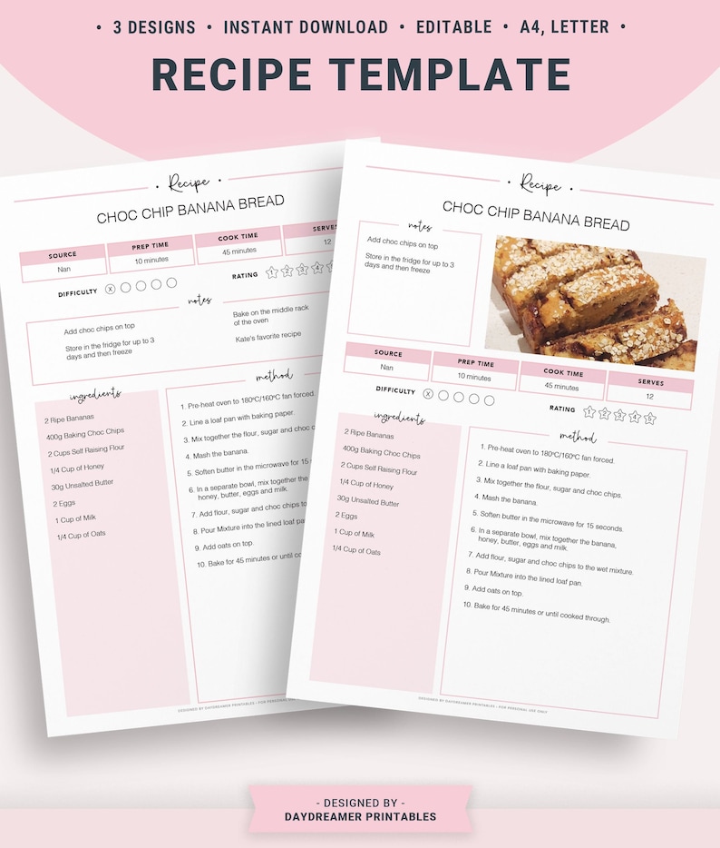 Bewerkbare recept sjabloon afdrukbare receptblad - Etsy België