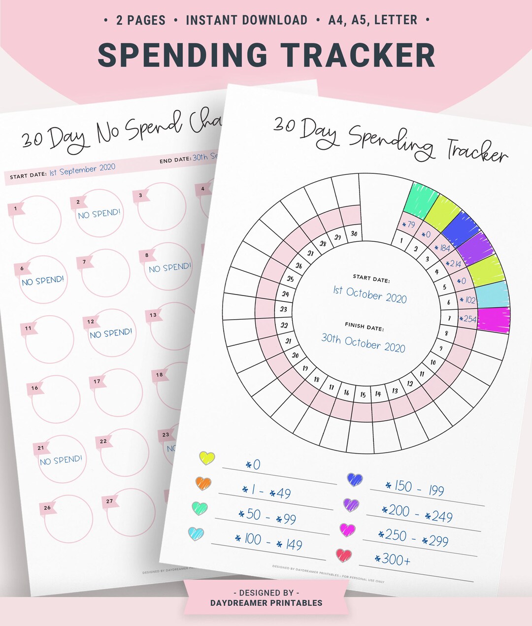 Spending Tracker, No Spend Challenge Printable, Monthly Budget, 30 Day ...