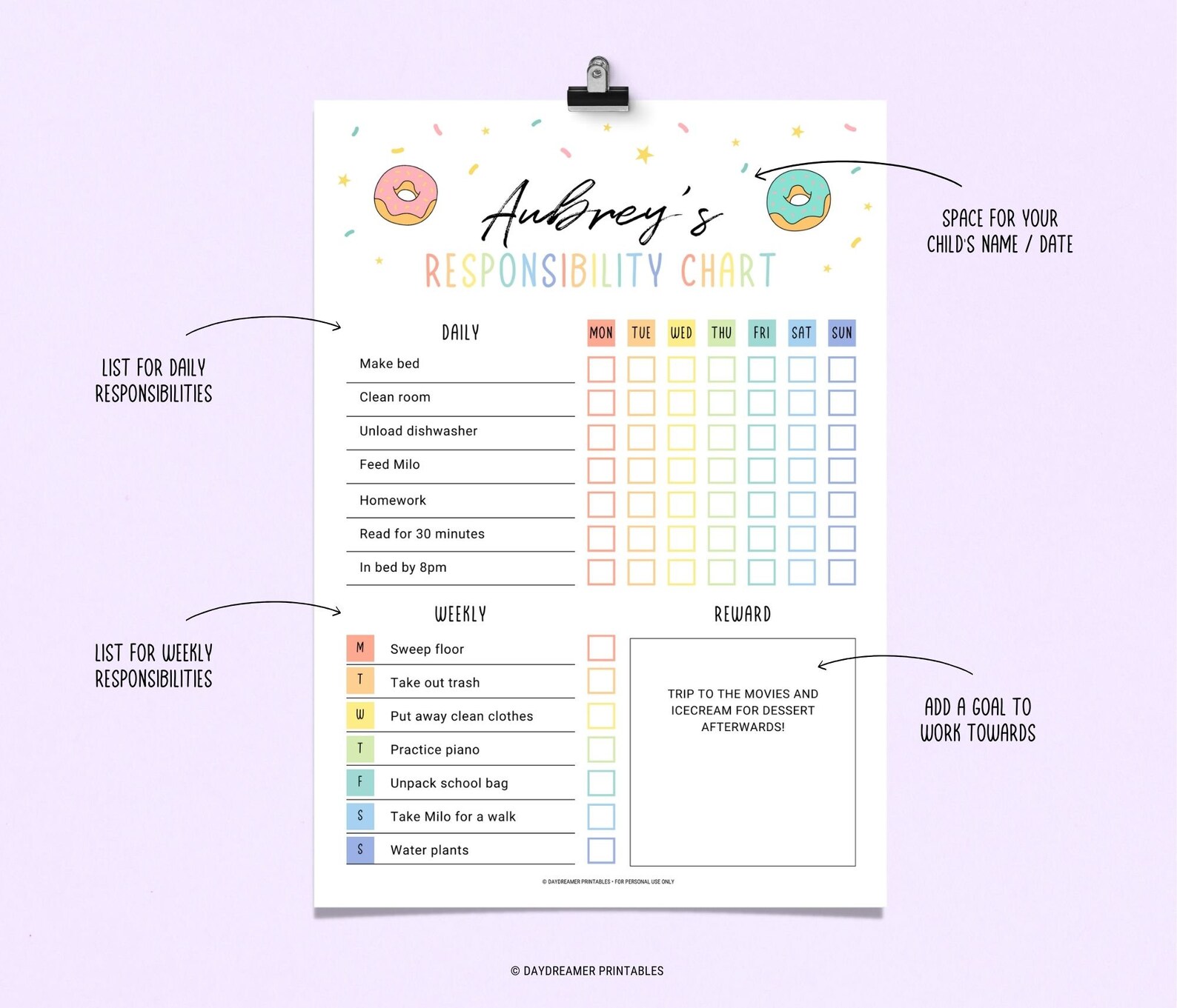 Responsibility Chart for Kids With Reward Kids Daily Routine Checklist ...