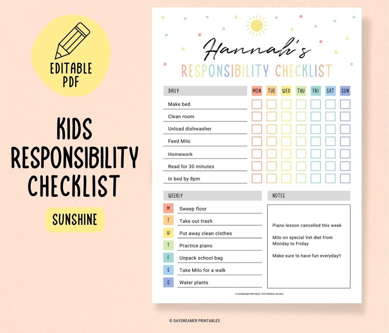 Editable Responsibility Chore Chart for Kids Rainbow - Etsy Australia