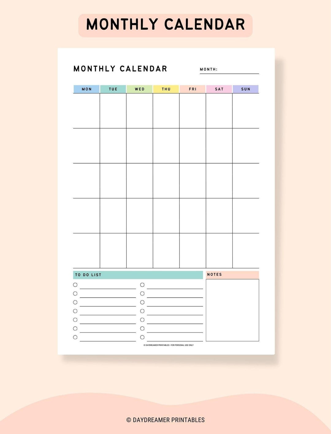 Monthly Planner Printable Vertical Calendar With Notes and to Do List ...