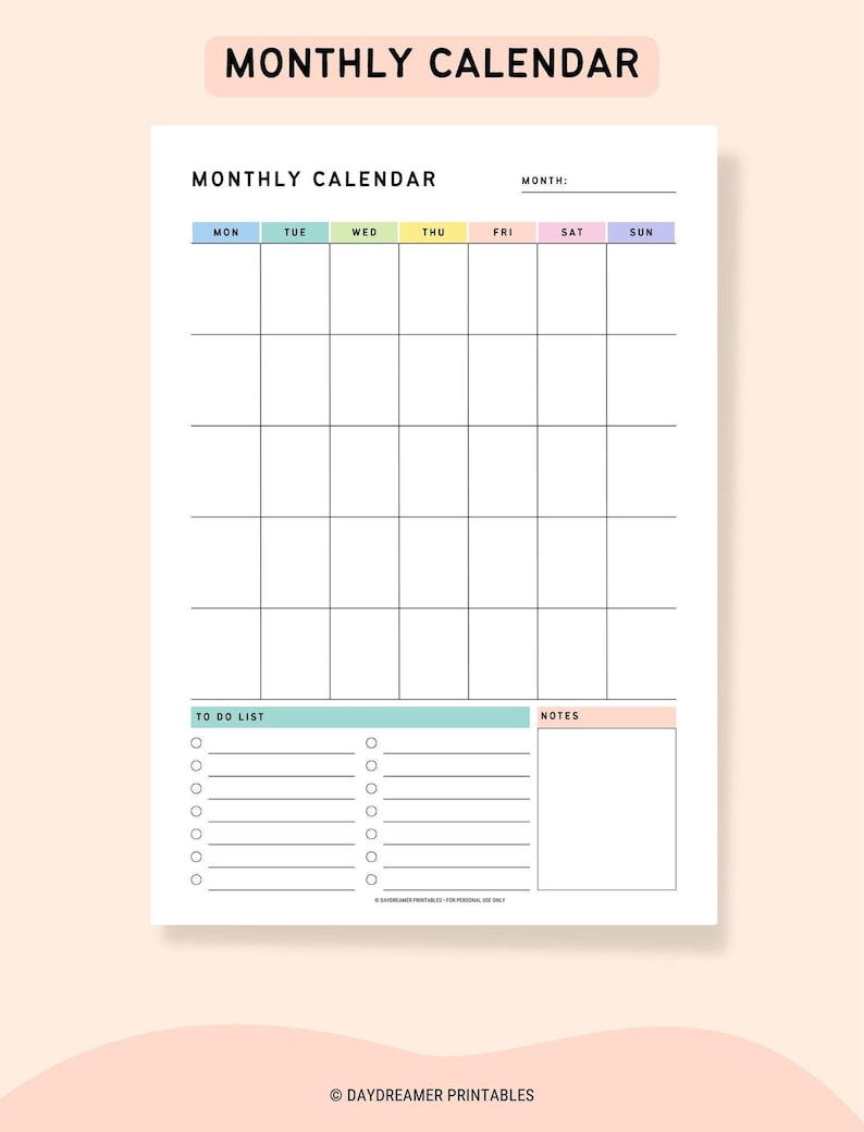 Monthly Planner Printable Vertical Calendar With Notes and to Do List ...